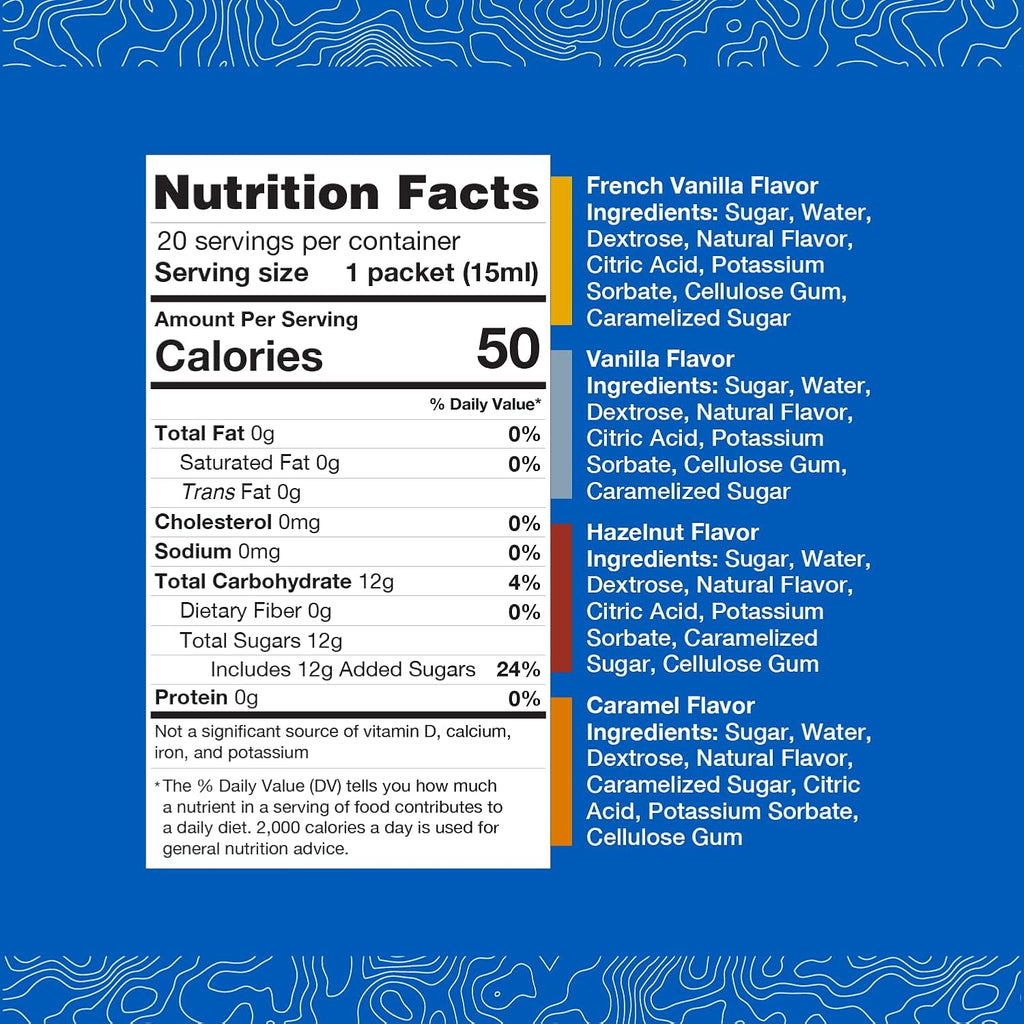 20 Count Variety Flavored Syrup Packets Vanilla Caramel French Vanilla ...